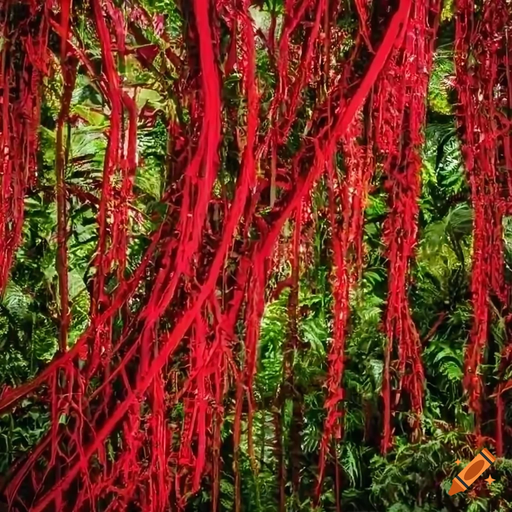 Vibrant red vines in a lush rainforest on Craiyon