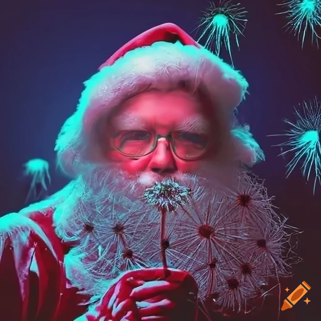 Neon synthwave art of santa claus transforming into a dandelion
