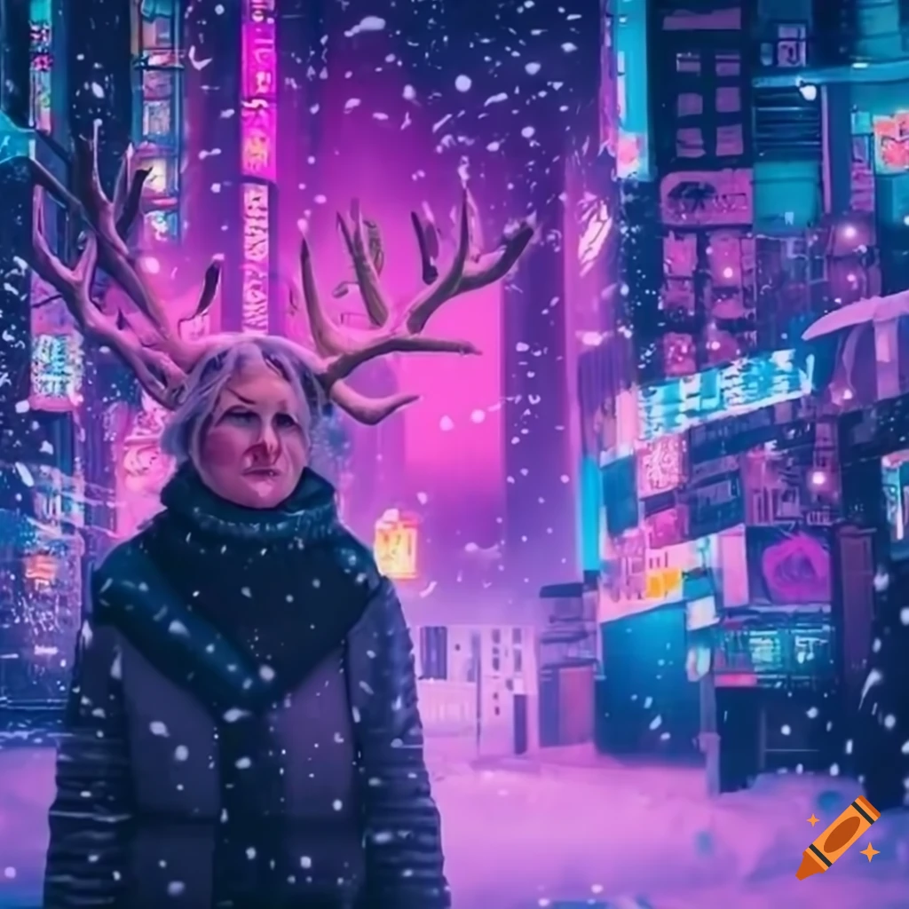 Neon cyberpunk city with an old woman wearing antlers in the snowfall ...