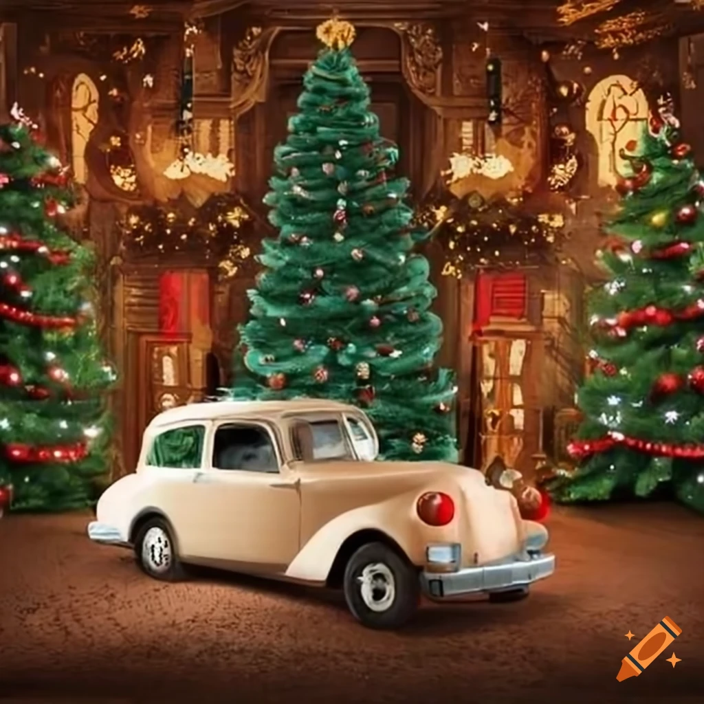 Christmas backdrop with a car and tree