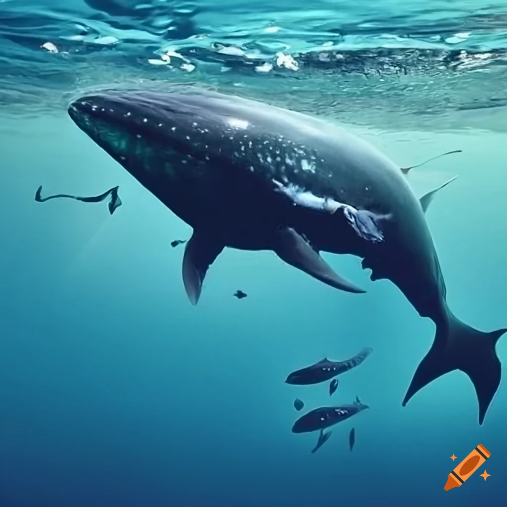 Whale and fish swimming in the ocean