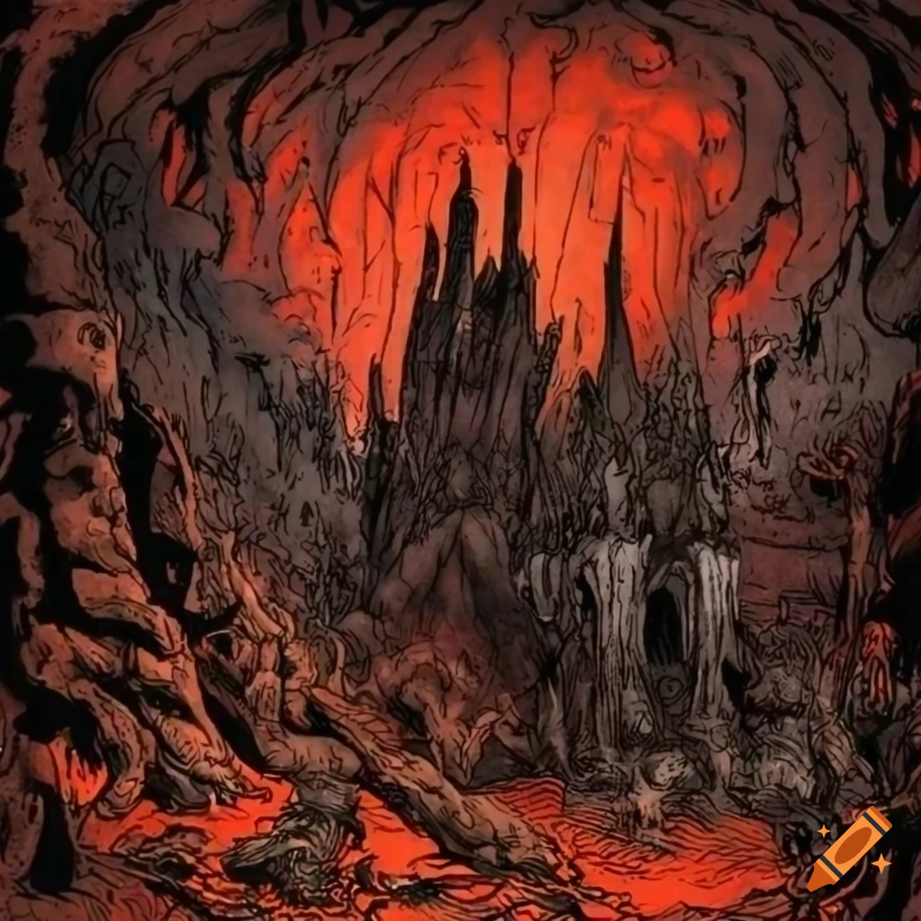 Dark fantasy manga style illustration of a hellscape