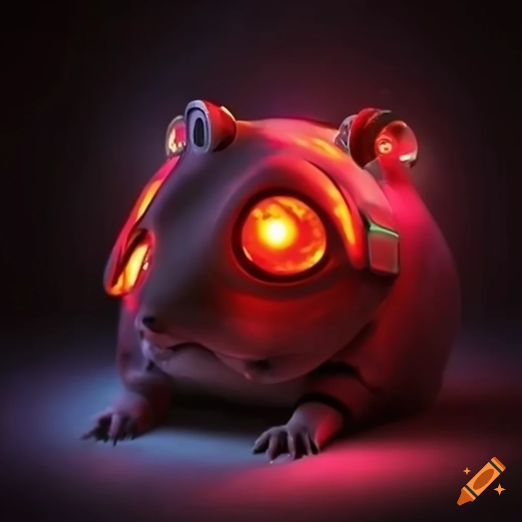 Image of a robotic hamster with glowing red eyes on Craiyon