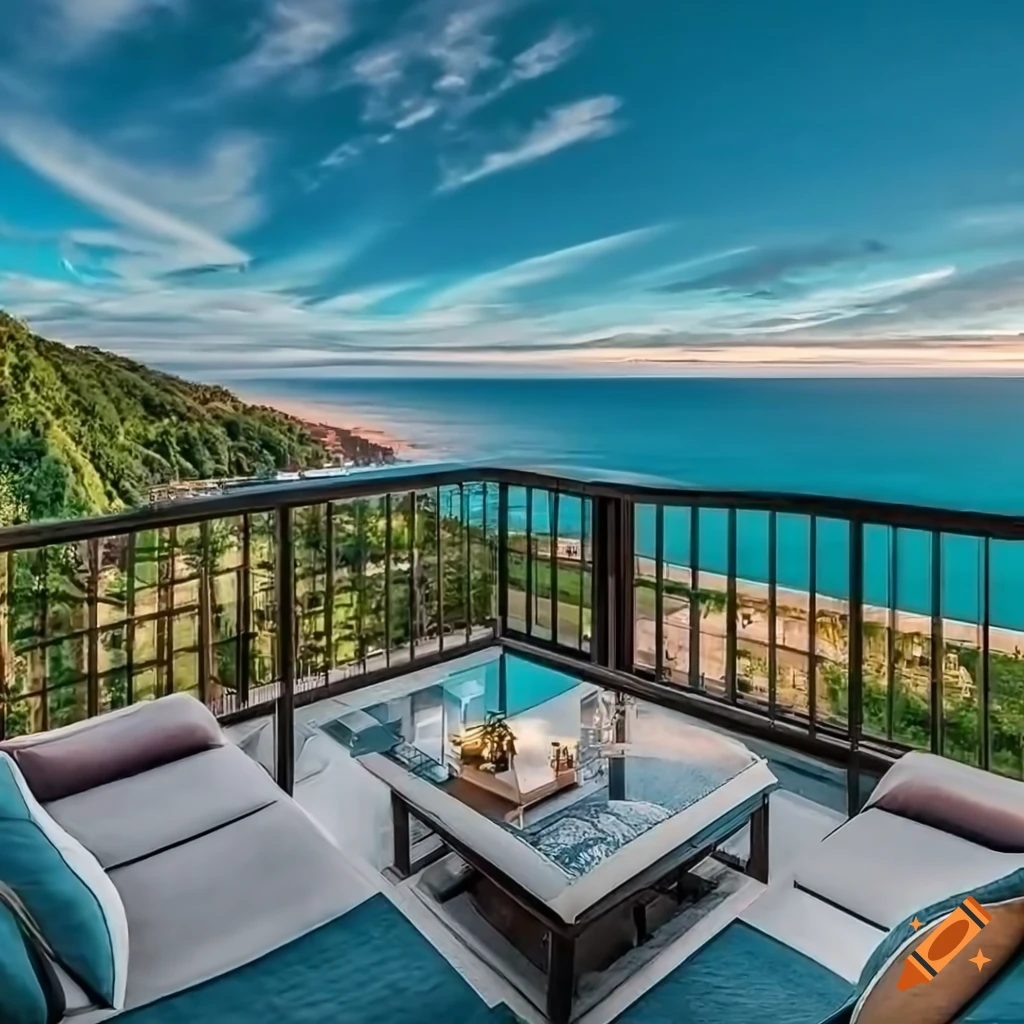 Luxury hotel suite with ocean view and elegant decor on Craiyon