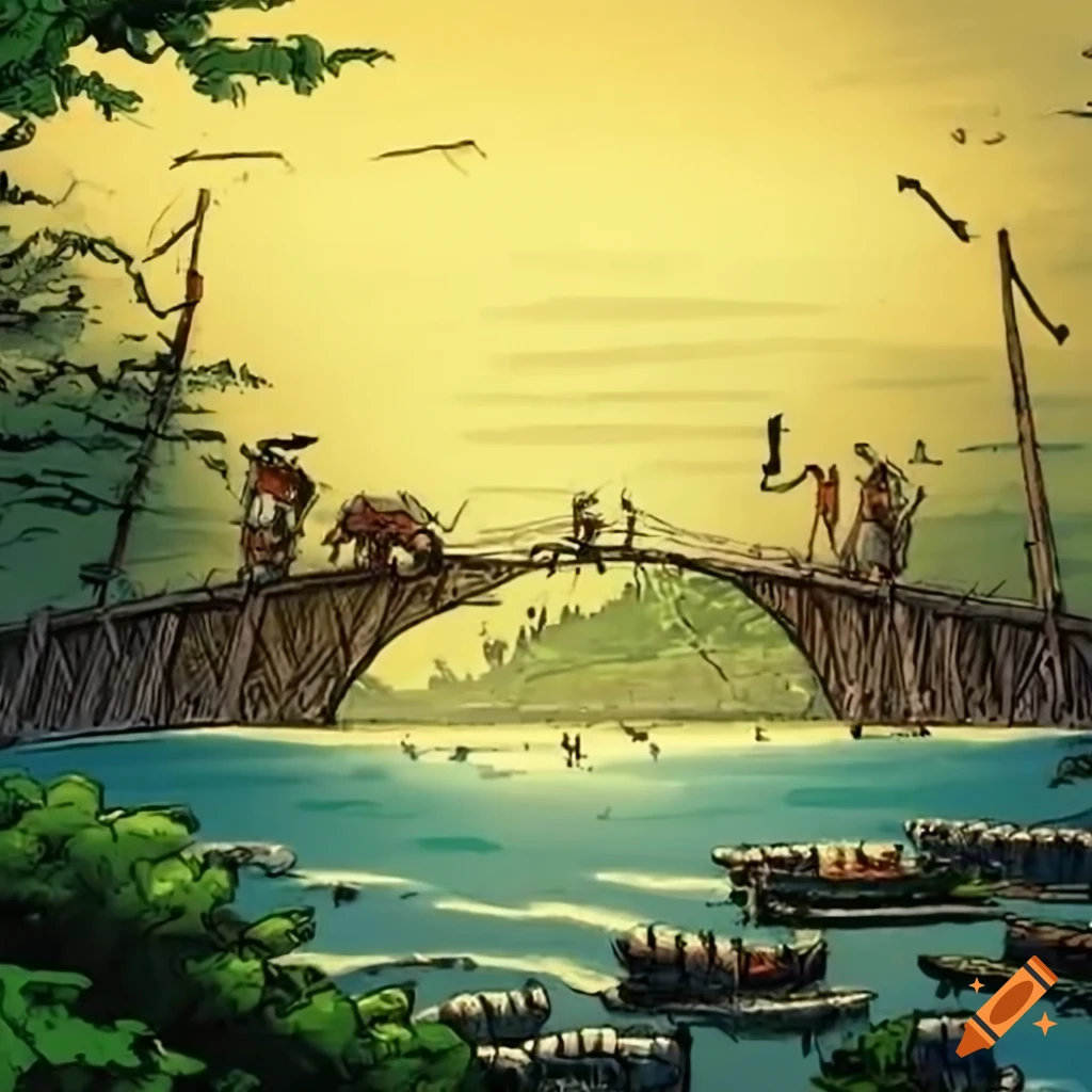 Comic strip of islands connected by a bridge on Craiyon