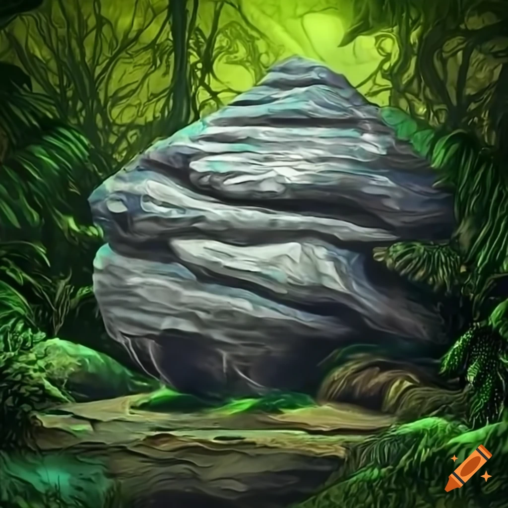 Sunny rainforest with a giant silver rock