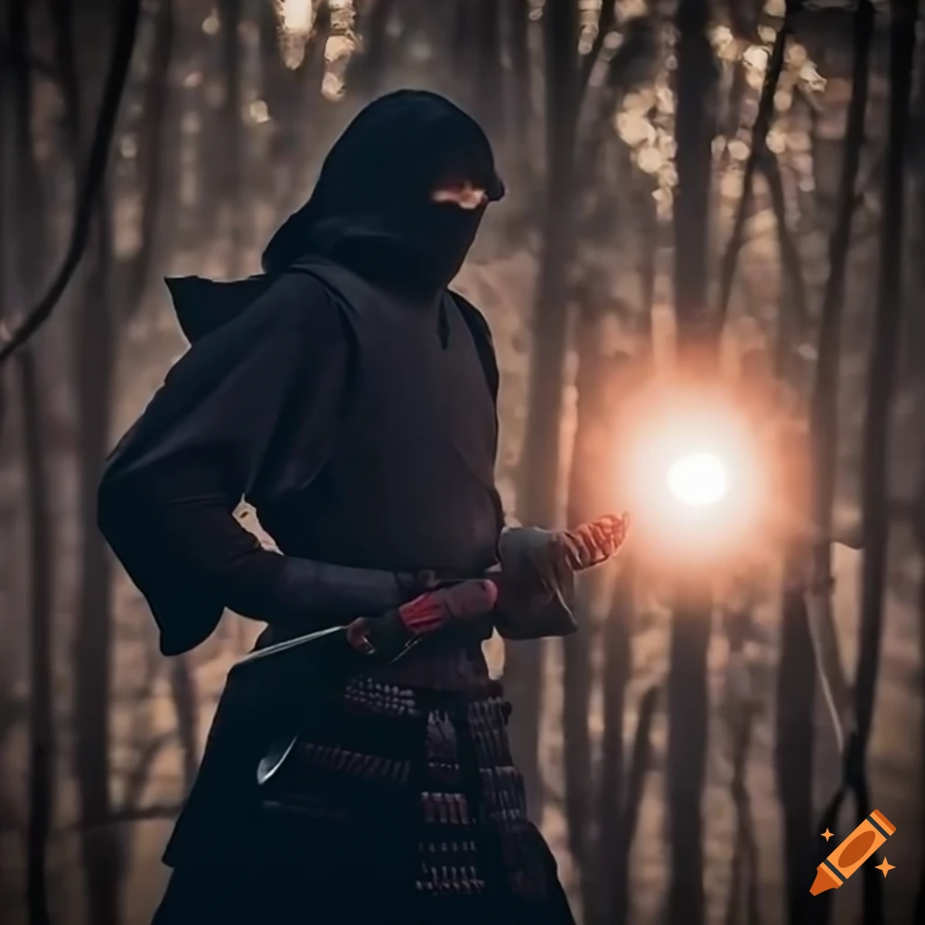 Dark fantasy image of a bloody samurai ninja in the woods on Craiyon