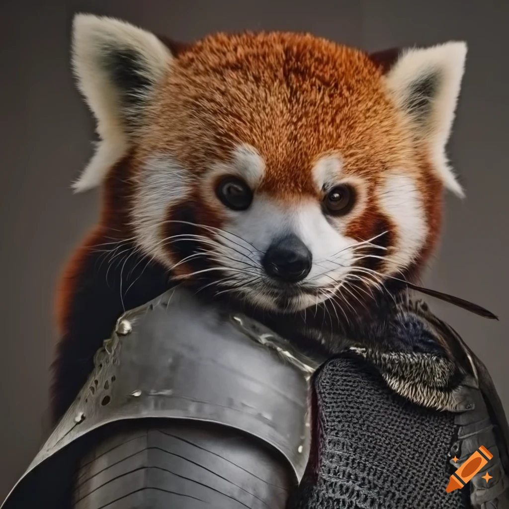 Red panda in plate armor with a greatsword