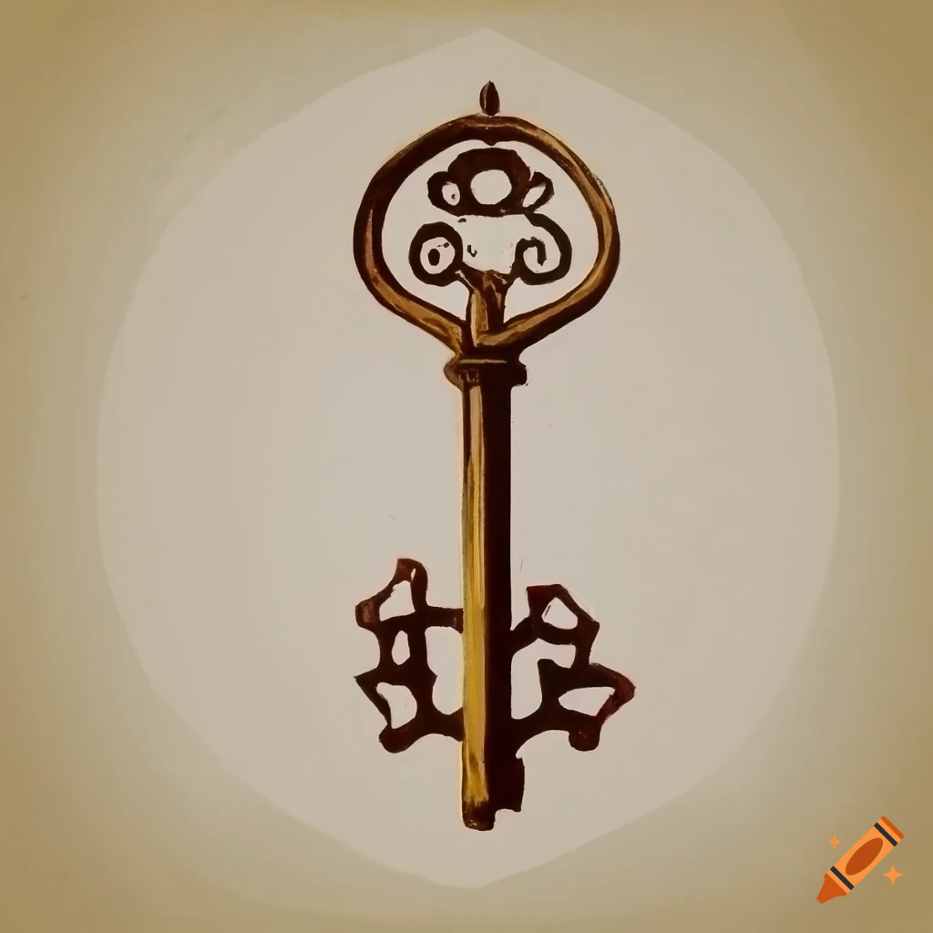 Linocut style illustration of an ancient golden key