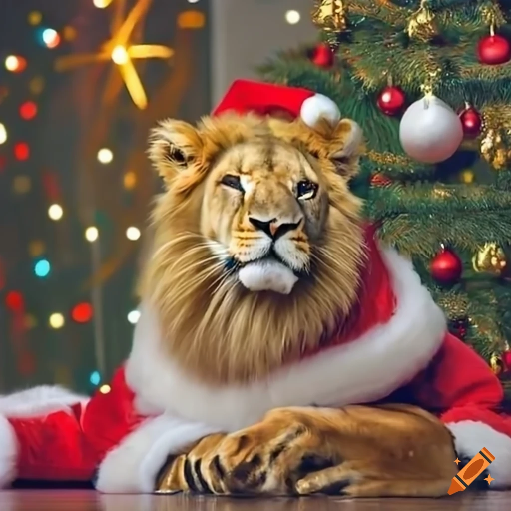 Lion dressed as santa in front of a christmas tree