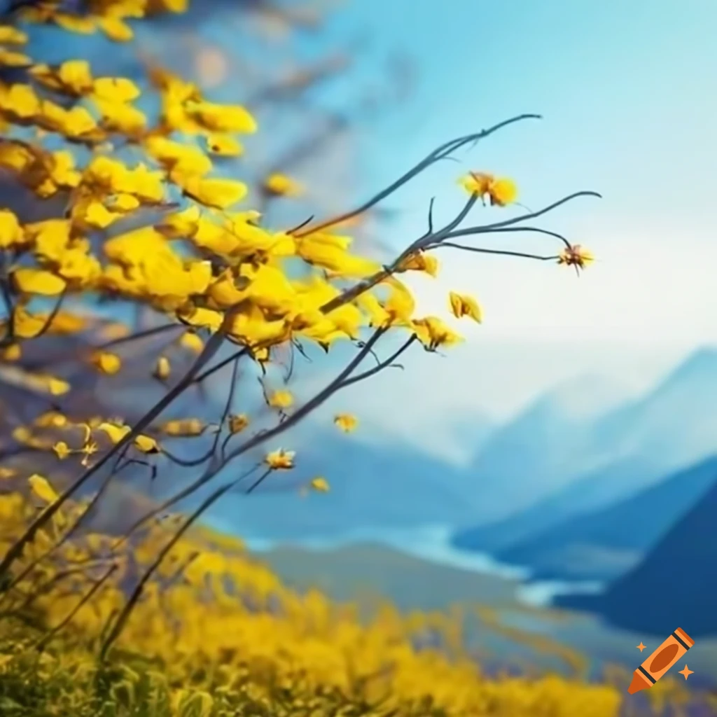 Scandinavian spring landscape with flowers and mountains