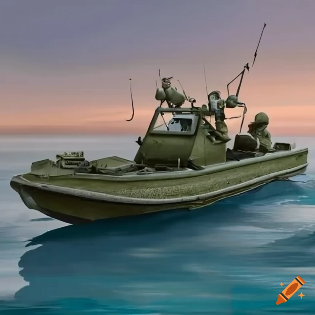 Olive colored fast attack craft boat with mounted weapons on Craiyon
