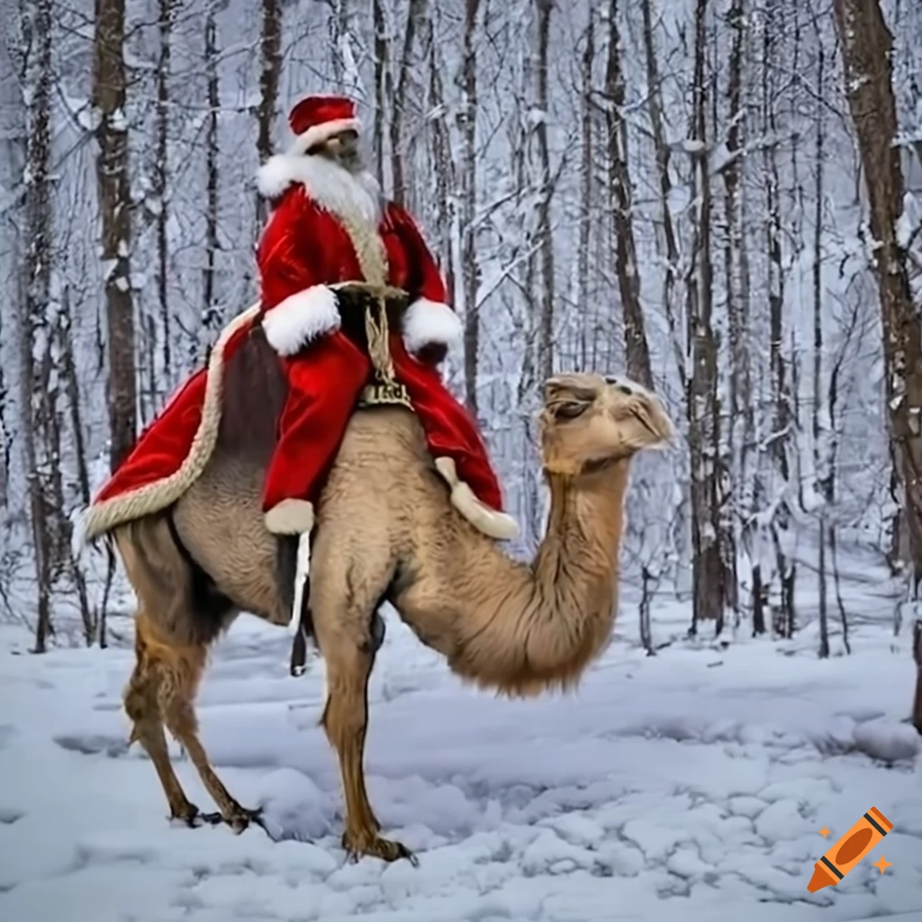 Black santa claus riding magical camels in the snow