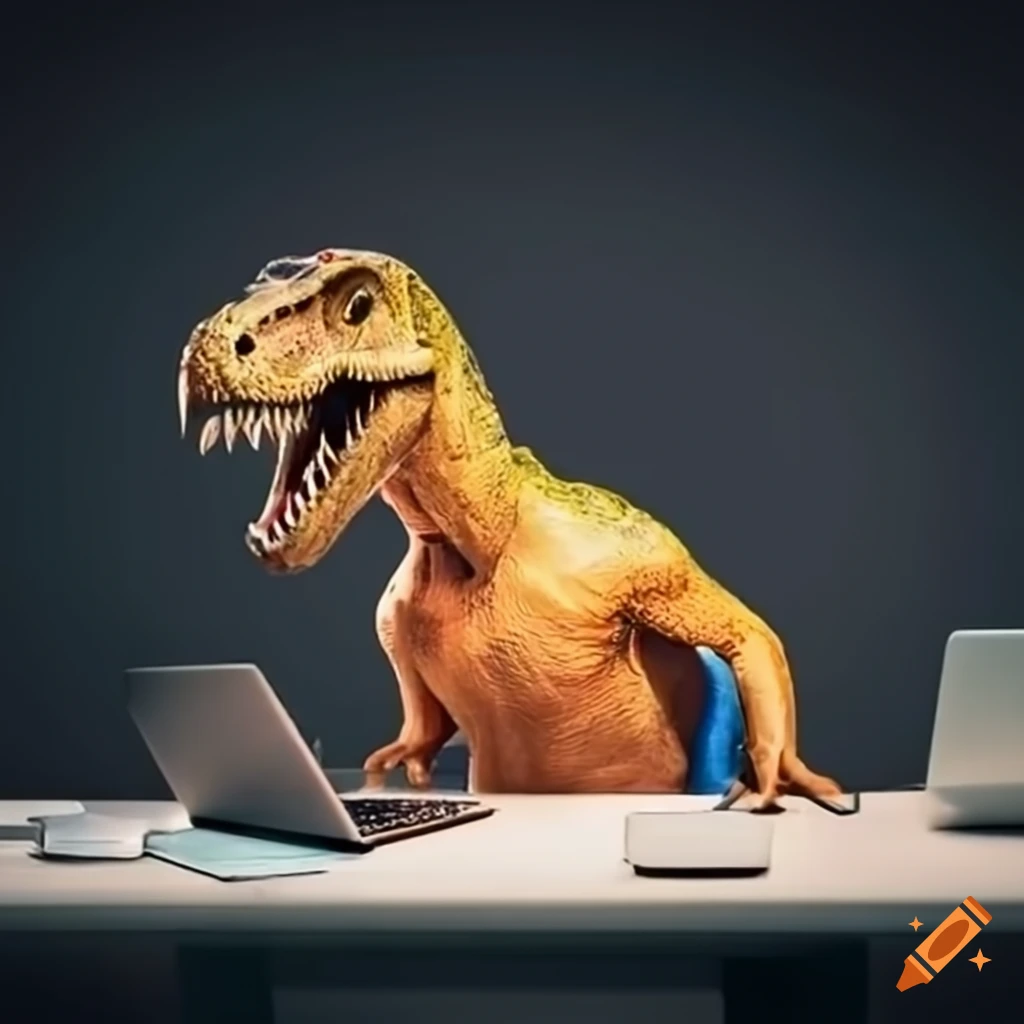 Humorous image of a t-rex working on a laptop