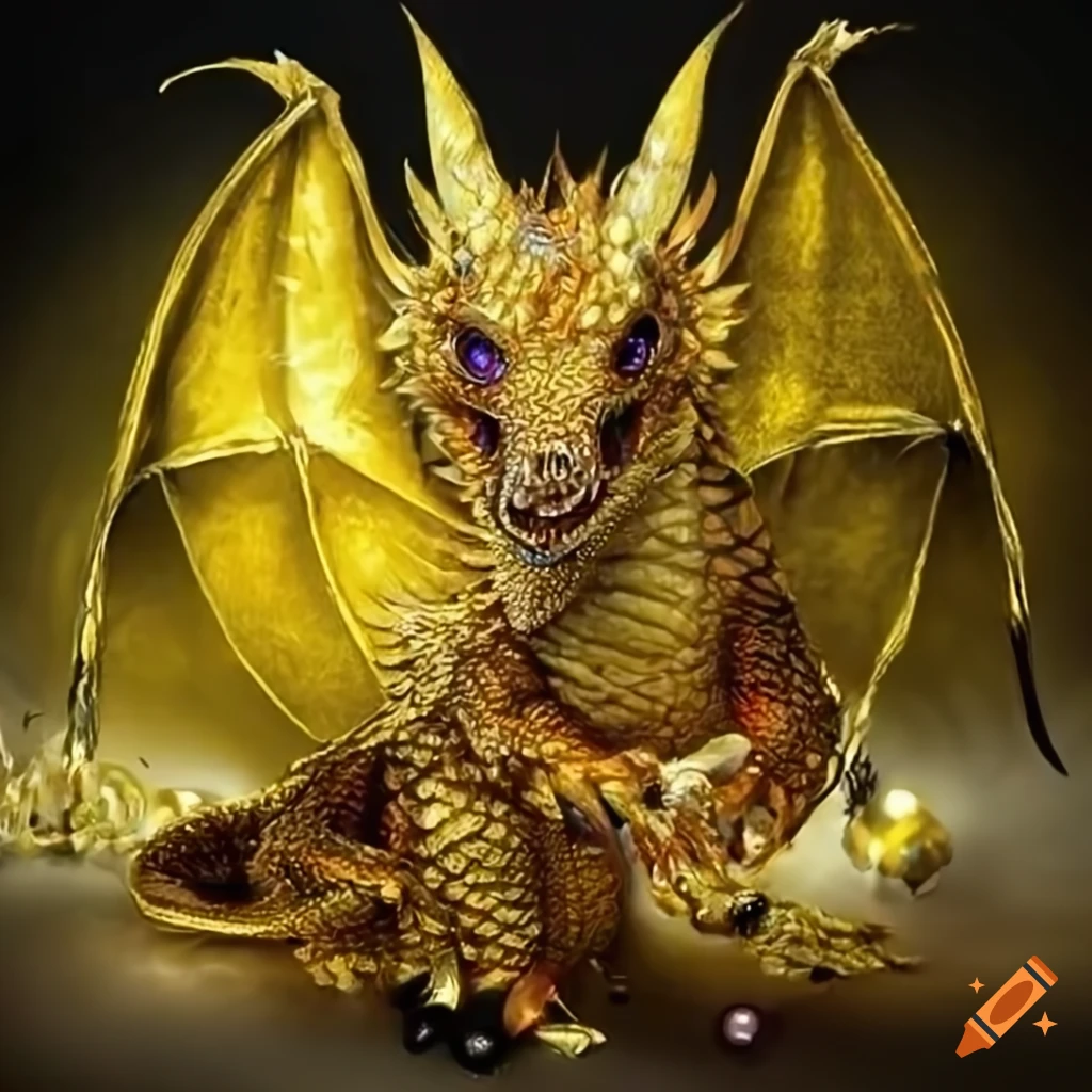 Photo-realistic gold dragon sitting on a treasure on Craiyon