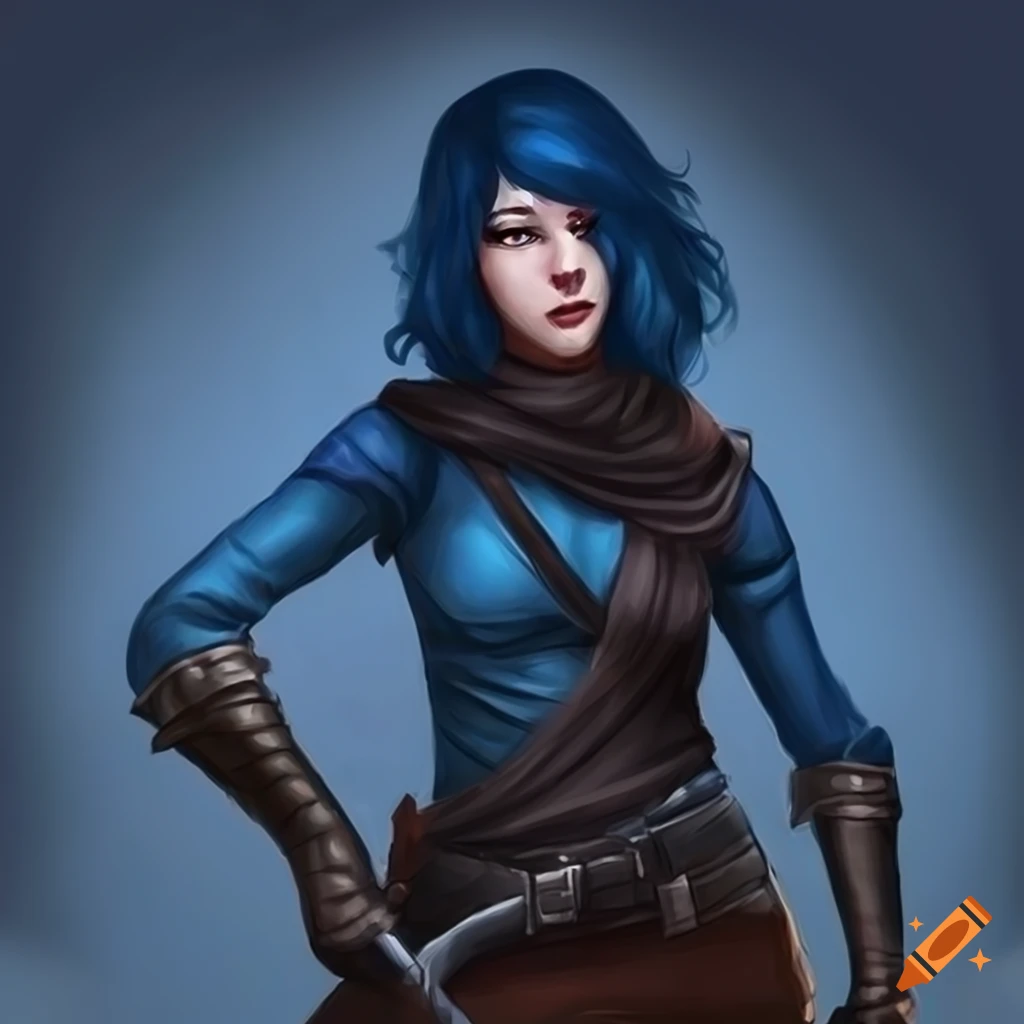 Digital art of a rogue woman with dark blue hair