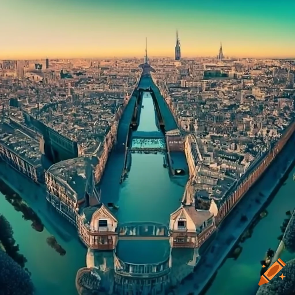 Aerial view of a city with architectural mix and green spaces