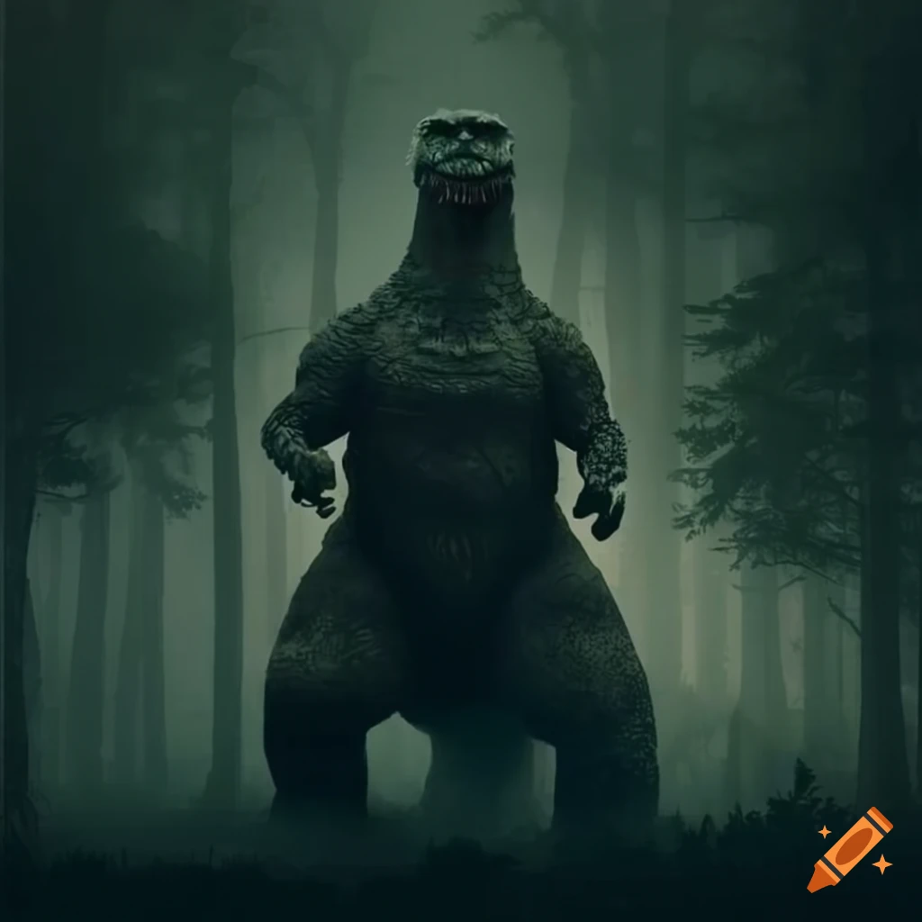 Dagguerotype style image of godzilla in a foggy forest