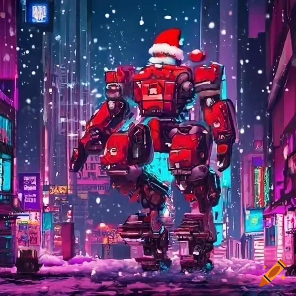 Neon cyberpunk city with a Santa mech in snowfall on Craiyon