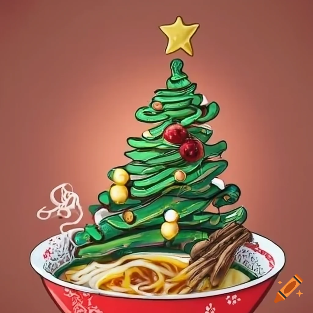 Christmas tree enjoying a bowl of ramen