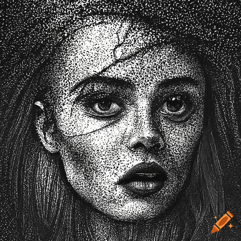 Black and white illustration of a woman with intense emotions on Craiyon