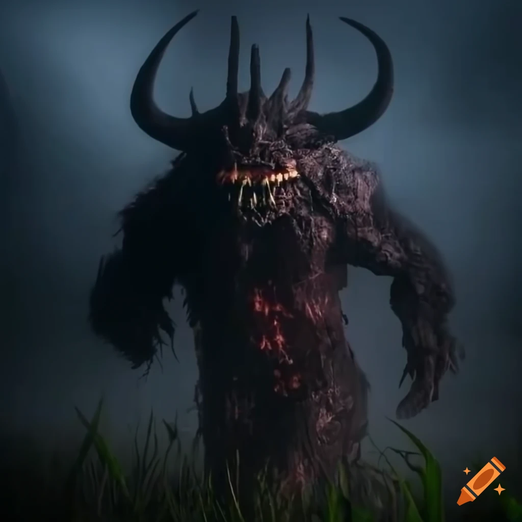 Artwork of a dark horned monster in a sugar cane field on Craiyon