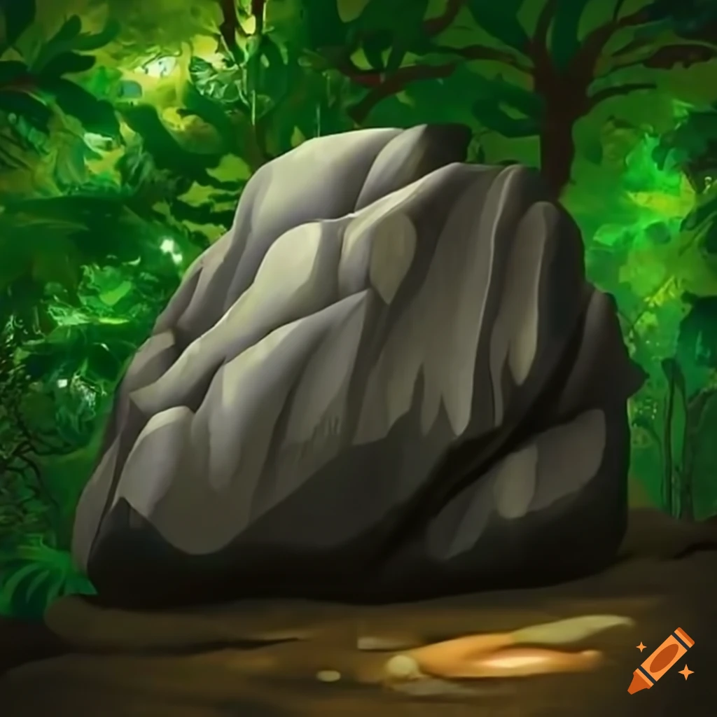 Shiny gray rock in a sunny rainforest