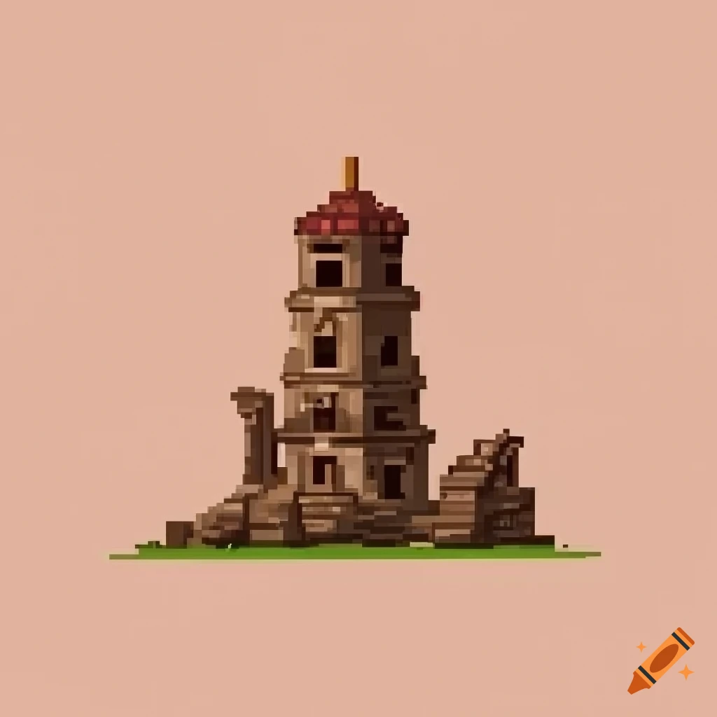 Pixel art of an ancient tower with writings