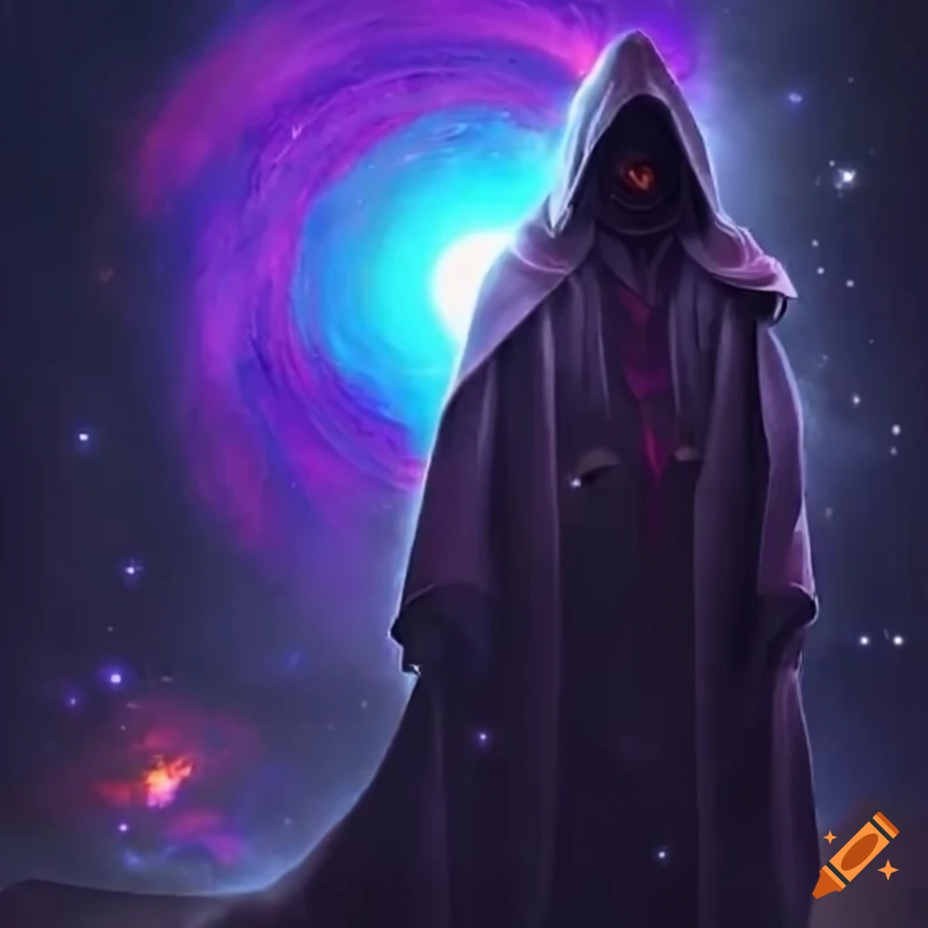 Image of a dark wizard with a glowing wand in a cosmic background