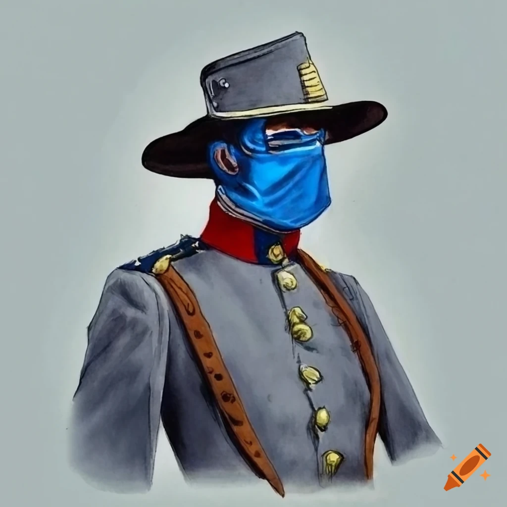 Sketch of a confederate army officer in gray uniform and blue mask