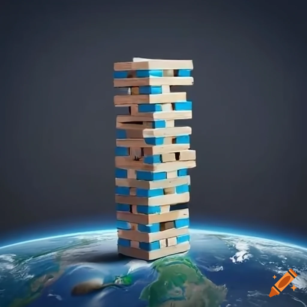 Painting of jenga tower on planet earth