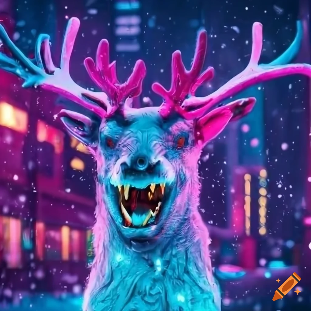 Neon cyberpunk reindeer head in snowy cityscape on Craiyon