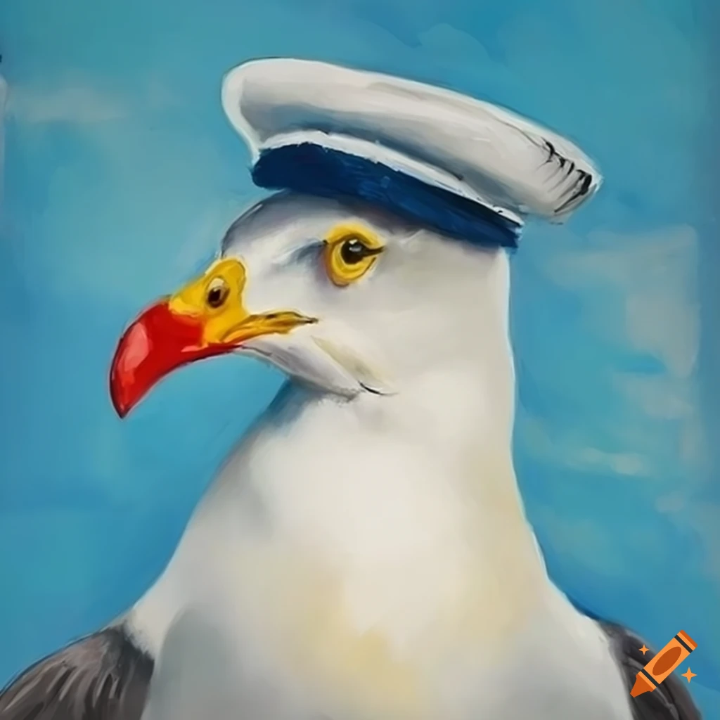 Colorful painting of a seagull wearing a sailor cap on Craiyon