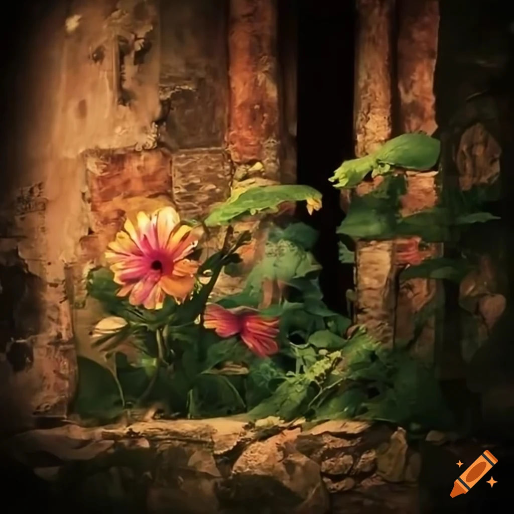 Blooming flowers on ancient ruins