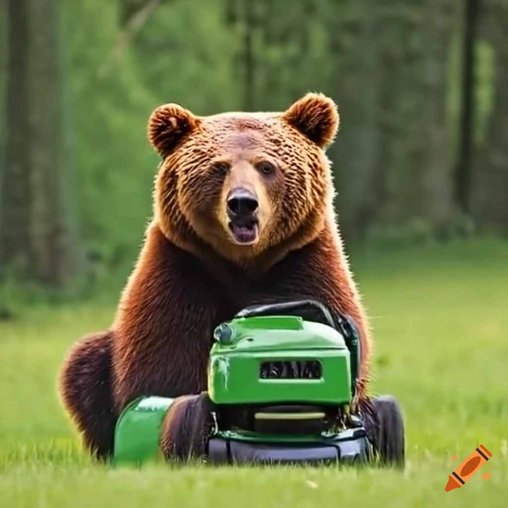 Funny image of a bear riding a lawnmower