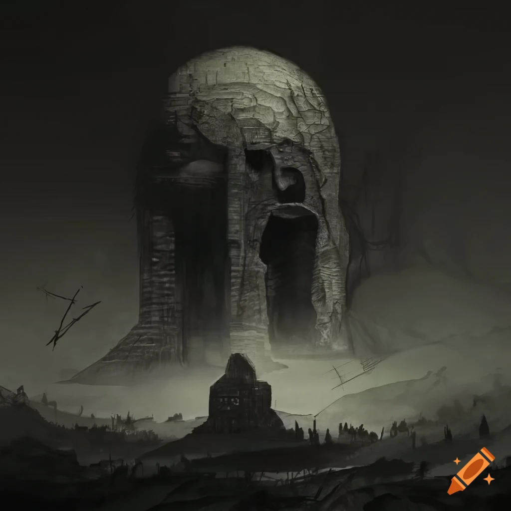 Hyper-realistic black ink drawing of a bleak landscape on Craiyon