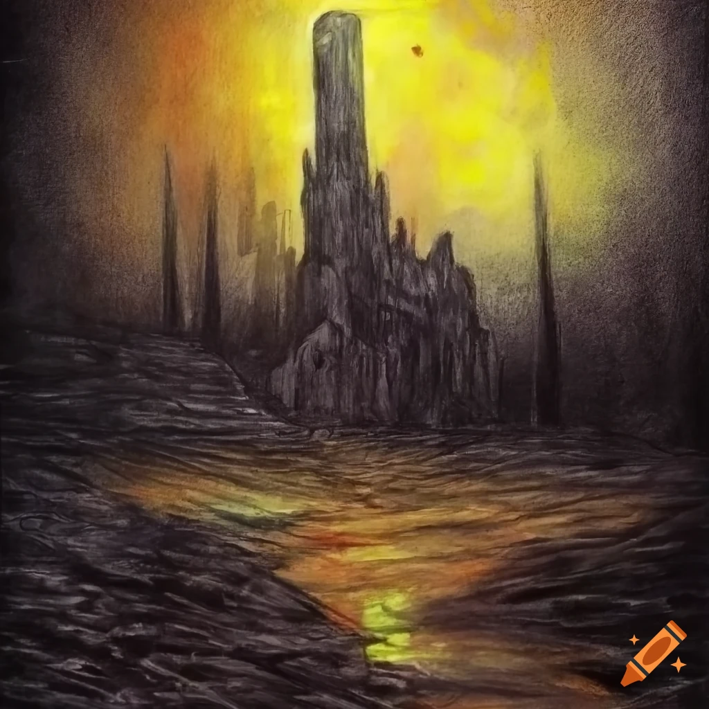 Detailed black ink drawing of a bleak landscape with ruins on Craiyon