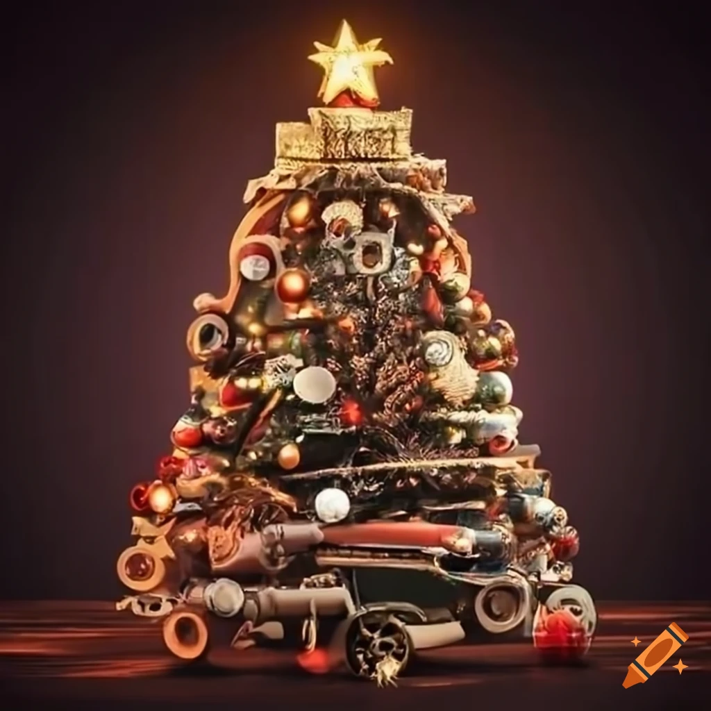Unique christmas tree made of car engine parts
