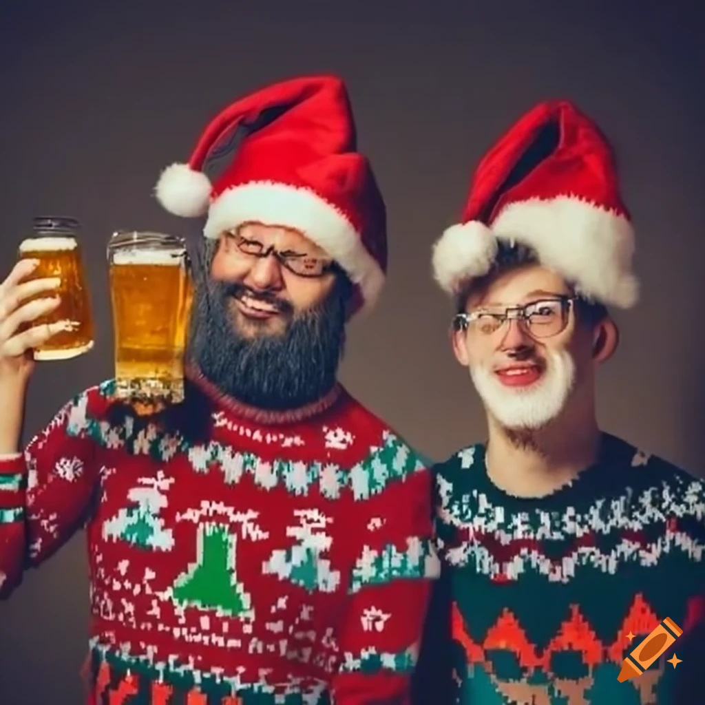 Two men in christmas jumpers drinking beer on Craiyon