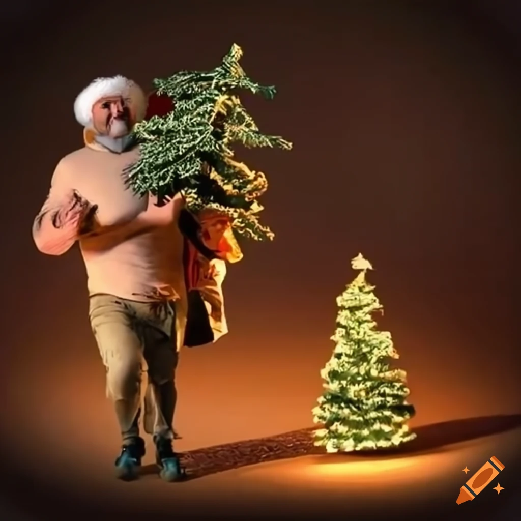 Humorous image of two men carrying a dead christmas tree