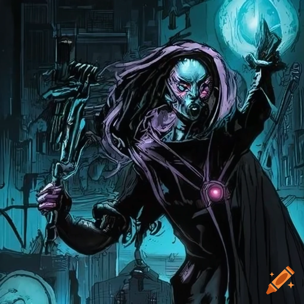 Dark and futuristic city in a sci-fi comic