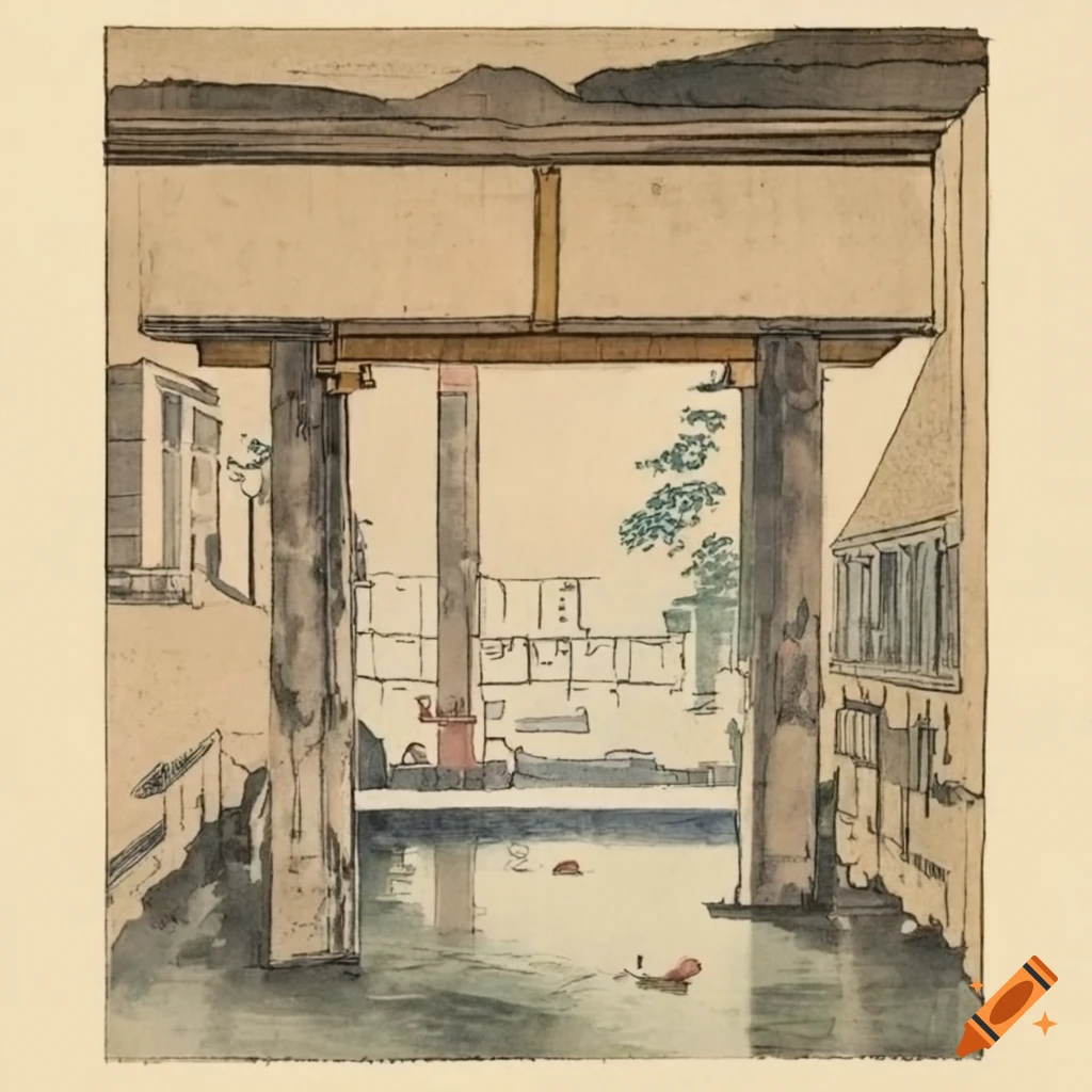 Architectural drawing of a japanese onsen in an ancient reservoir