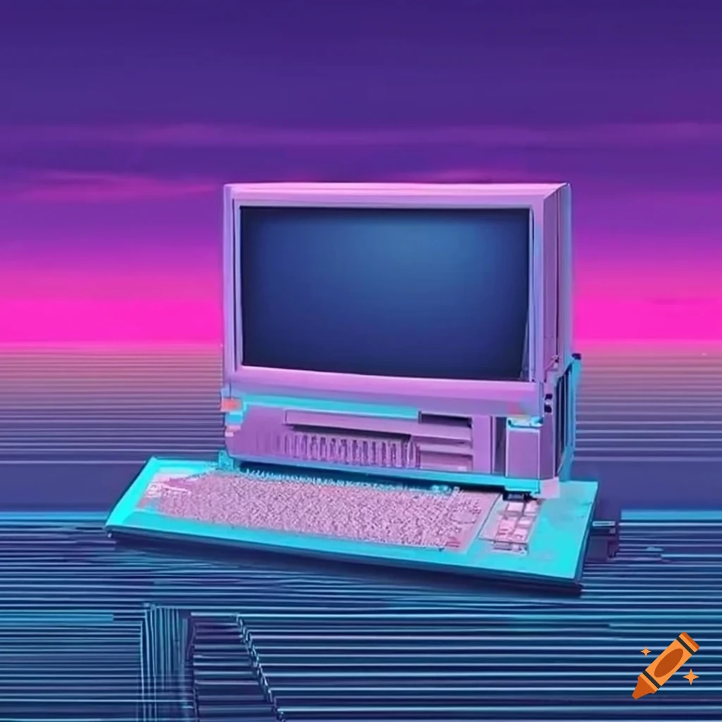 Vibrant vaporwave horizon on old computer