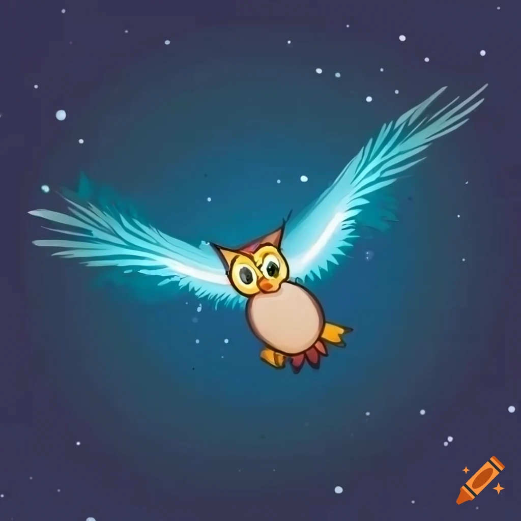 Cartoon owl-shaped comet flying in the night sky on Craiyon