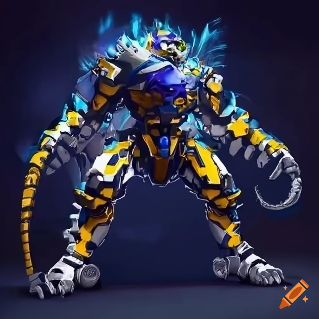Indigo and yellow mecha tiger for fighting game