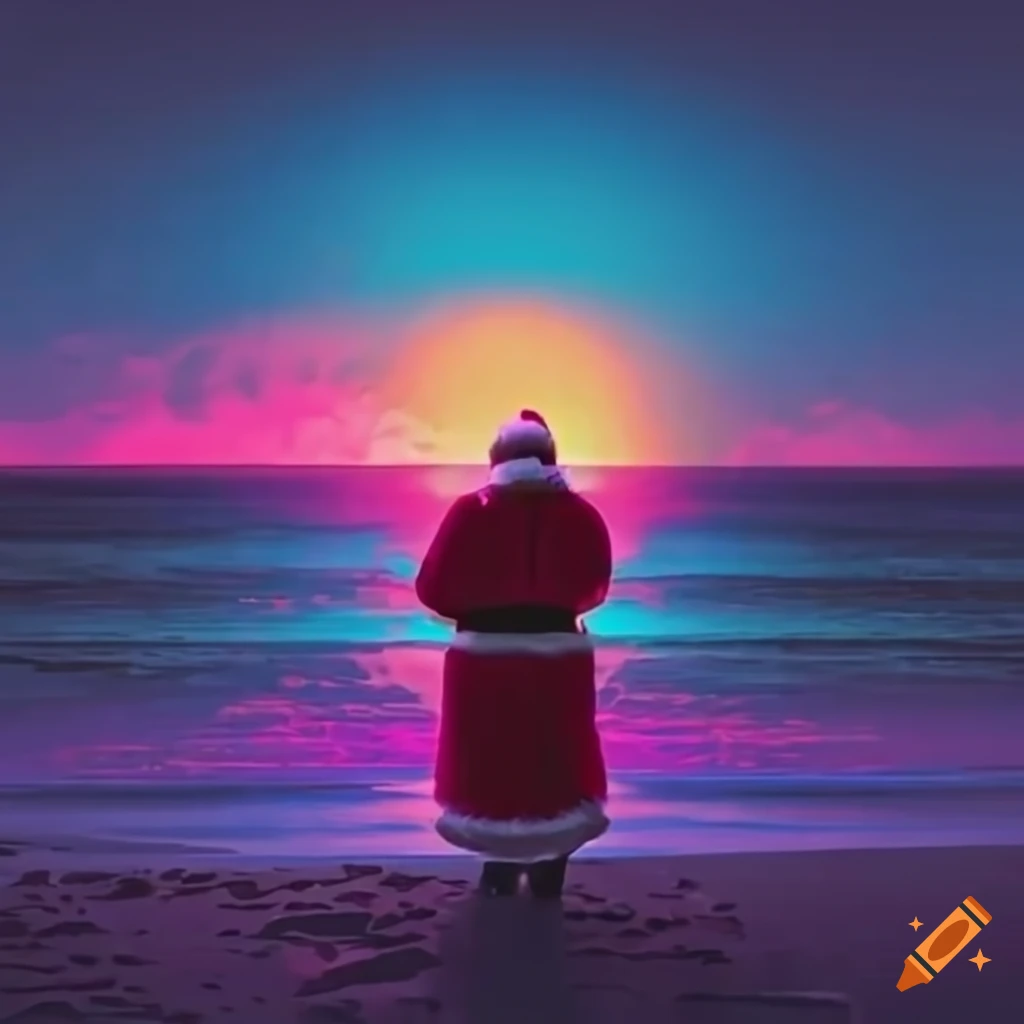 Santa claus watching neon ocean sunset
