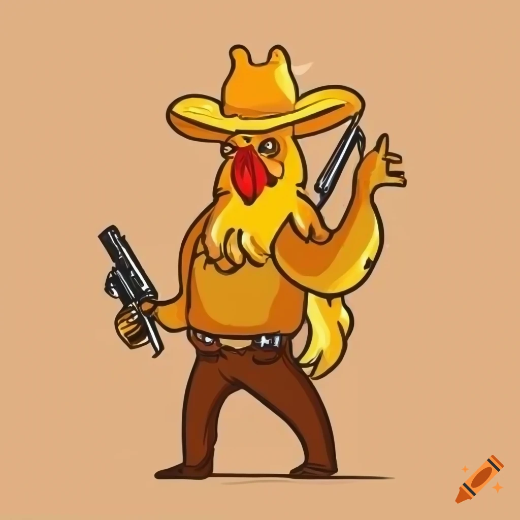 Cartoon chicken in cowboy costume holding guns on Craiyon