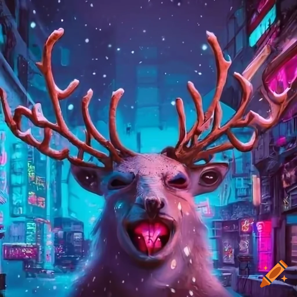 Neon cyberpunk reindeer head in a snowy city on Craiyon