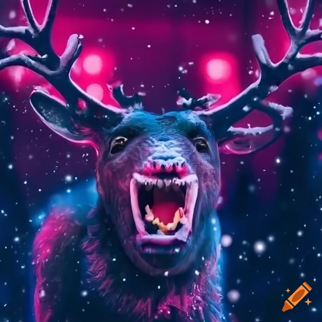 Neon city snowfall with a scary roaring reindeer on Craiyon