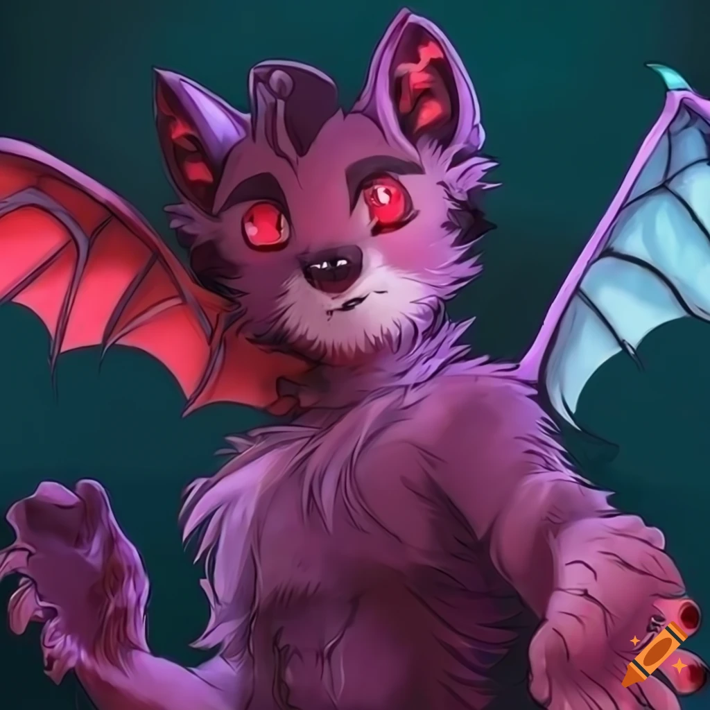 Art of a furry creature with bat wings and red eyes